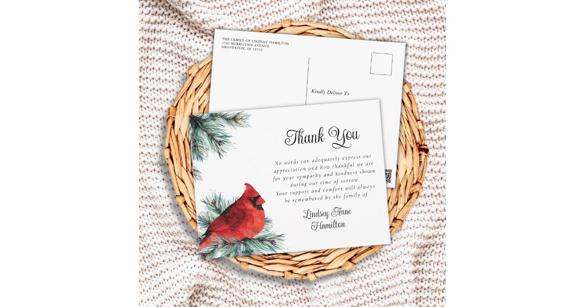 Funeral Thank You Red Cardinal Bird Evergreen Postcard | Zazzle