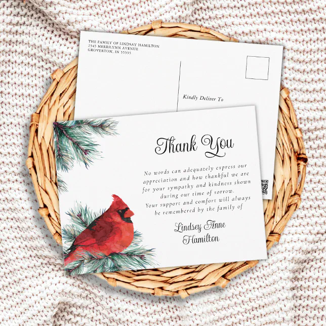 Funeral Thank You Red Cardinal Bird Evergreen Postcard | Zazzle