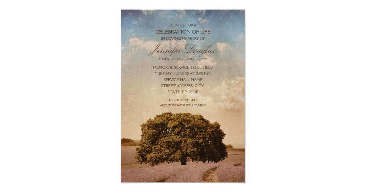 Funeral Tree Lavender Memorial Announcement Cards | Zazzle.com