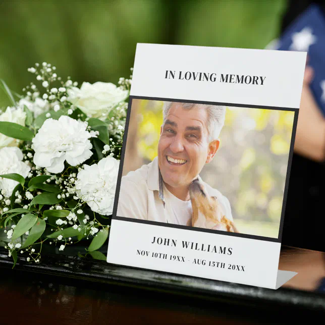 Funeral white black photo memorial reception pedestal sign | Zazzle