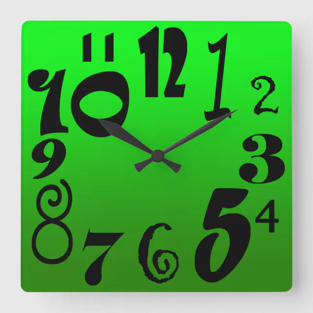 Funky black numbers - gradient of green face square wall clock | Zazzle