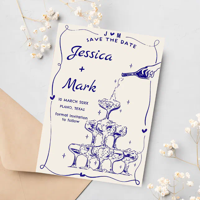 Funky Hand drawn Champagne Wedding Save The Date Invitation | Zazzle