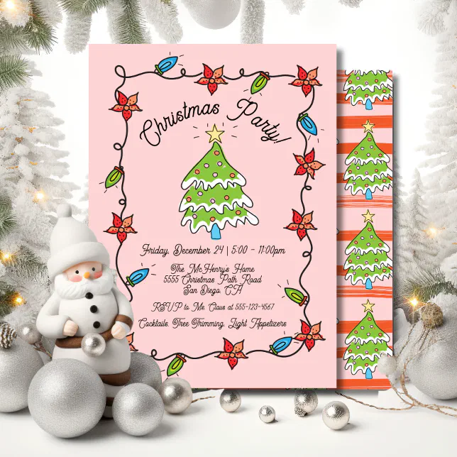 Funky Hand Drawn Christmas Tree Lights Party Invitation | Zazzle