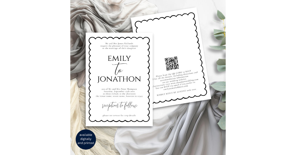 Funky Hand Drawn Wavy Line Border Wedding Invitation | Zazzle