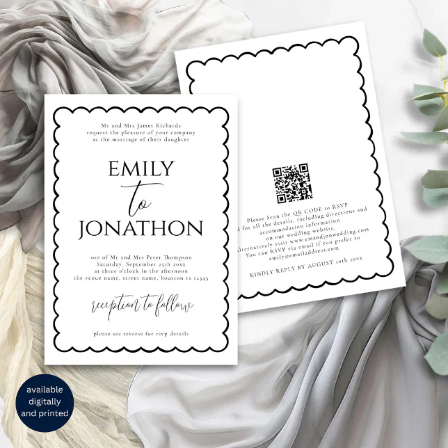 Funky Hand Drawn Wavy Line Border Wedding Invitation | Zazzle