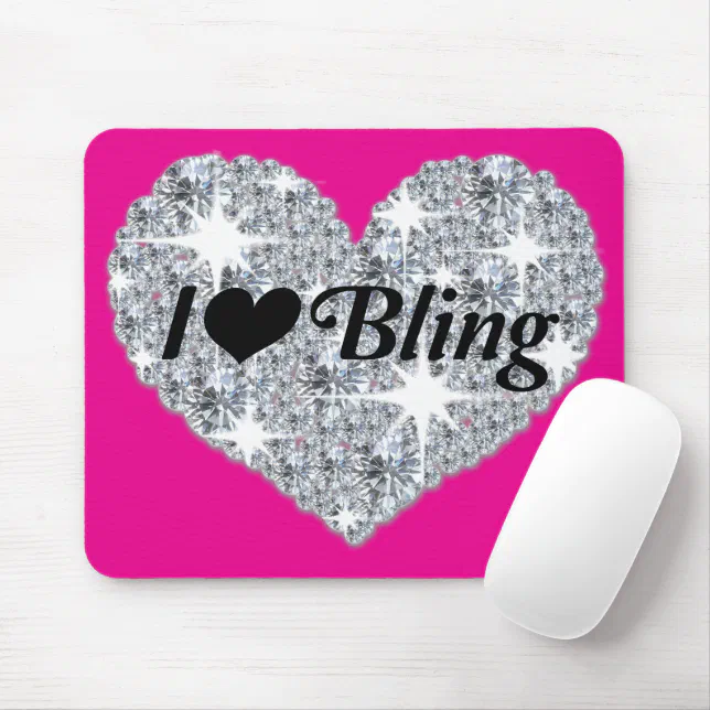 Funky Hot Pink Faux Diamond I Love Bling Heart Mouse Pad | Zazzle
