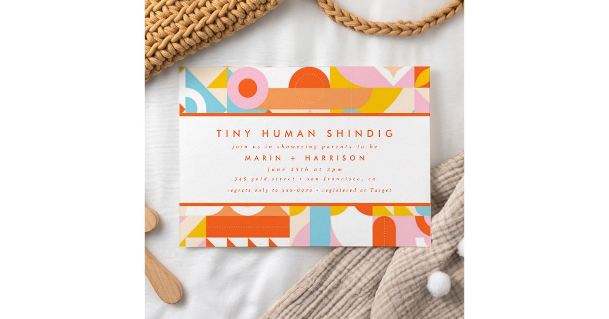 Funky Modern Orange Tiny Human Shindig Baby Shower Invitation | Zazzle