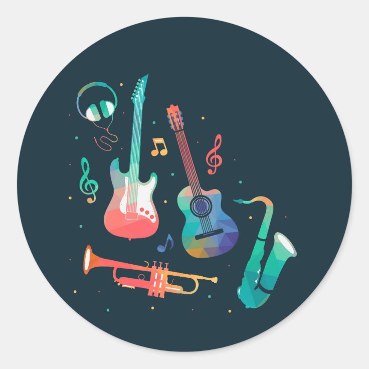 Funky Music colorful musical instruments Classic Round Sticker | Zazzle