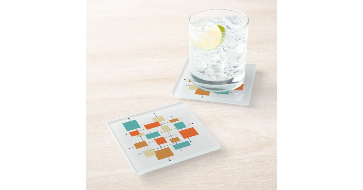 Funky Orange and Blue Squares Retro Mid Mod Glass Coaster | Zazzle