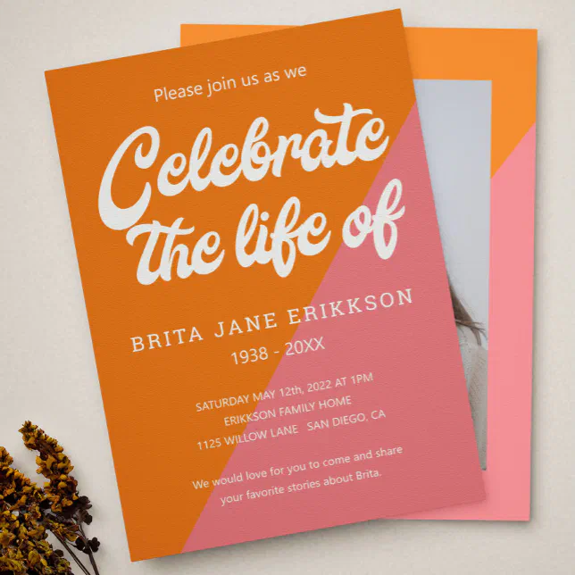 Funky Orange Pink Retro Celebration of Life Photo Invitation | Zazzle