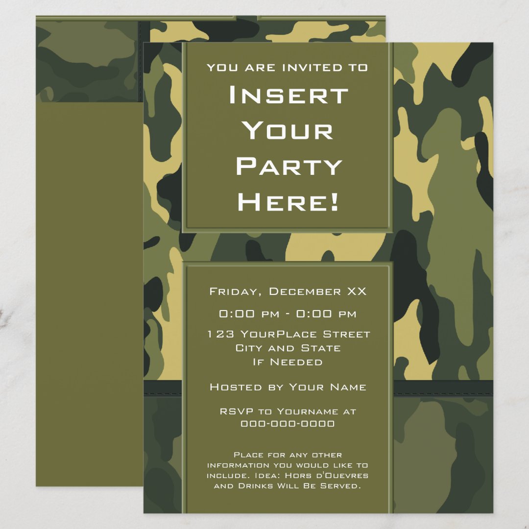Funky Party - Dark Green Military Camouflage Invitation | Zazzle