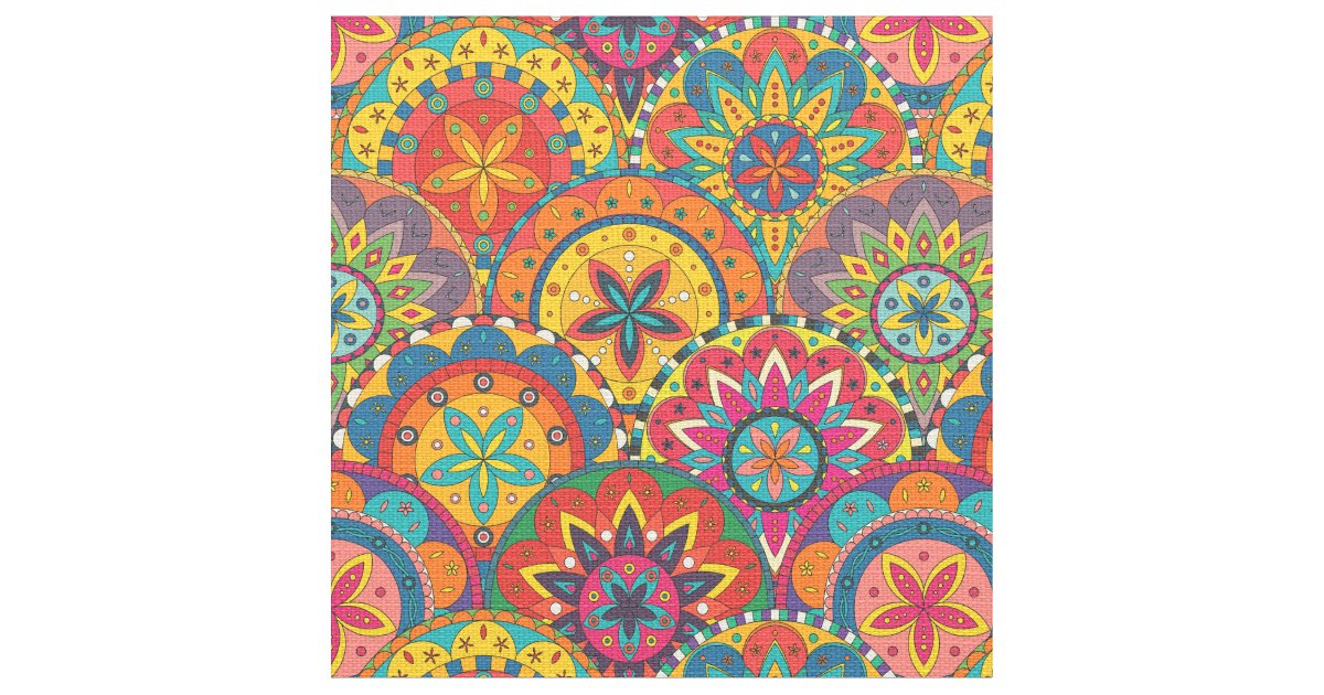 Funky Retro Colorful Mandala Pattern Fabric | Zazzle