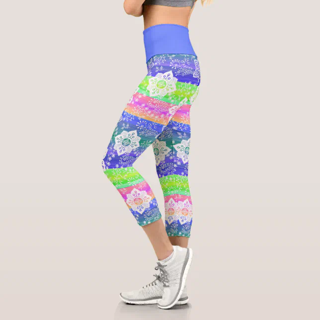 Funky Retro Floral On Chic Cool Stripes Pattern Capri Leggings | Zazzle