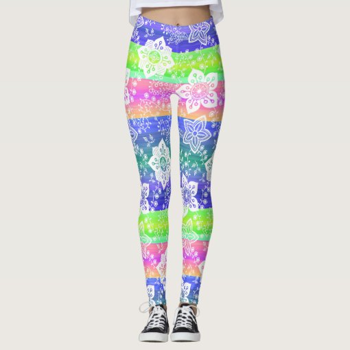 Funky Retro Floral On Chic Cool Stripes Pattern Leggings | Zazzle