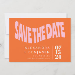 Funky Retro Groovy Unique Photo Pink Orange Custom Save The Date | Zazzle