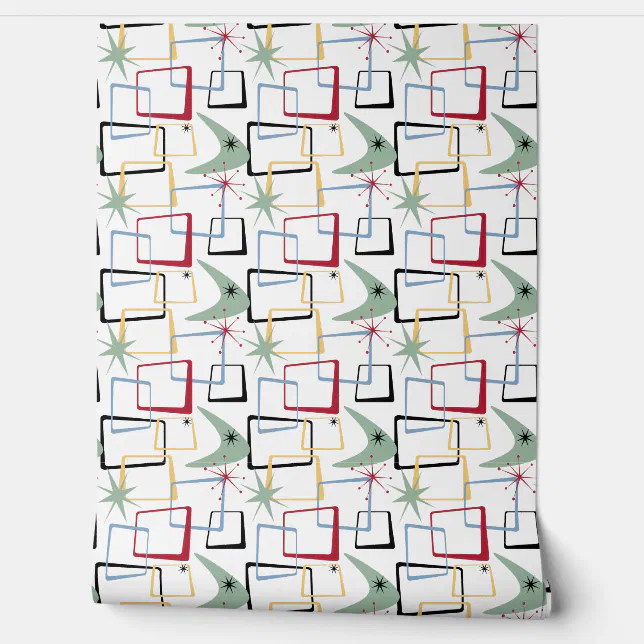 Funky Retro Mid Century Abstract Squares Boomerang Wallpaper | Zazzle