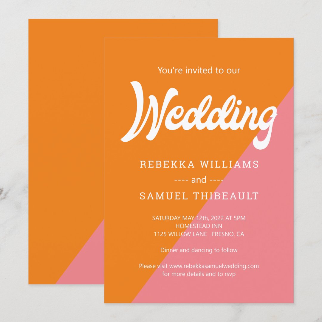 Funky Retro Orange Pink Color Block Wedding Invitation | Zazzle