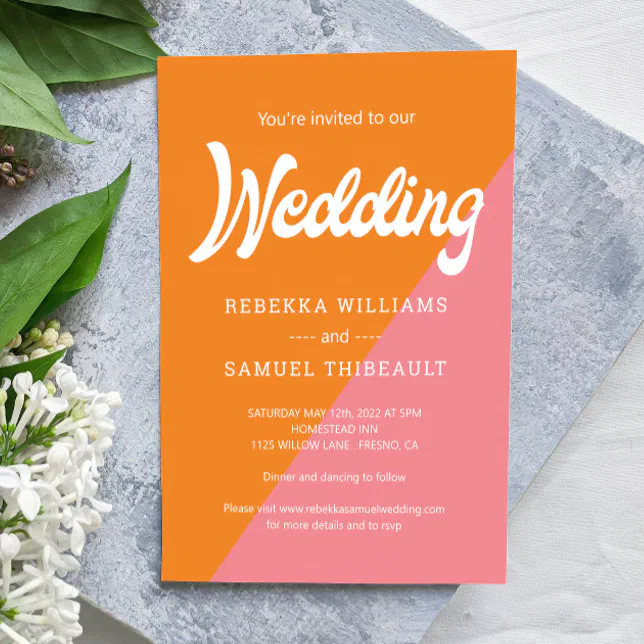 Funky Retro Orange Pink Color Block Wedding Invitation | Zazzle