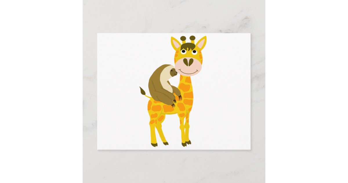 Funky Sloth Riding a Giraffe Cartoon Postcard | Zazzle