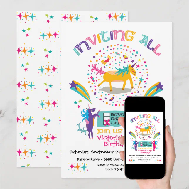 Funky Unicorn Birthday Party invitations | Zazzle