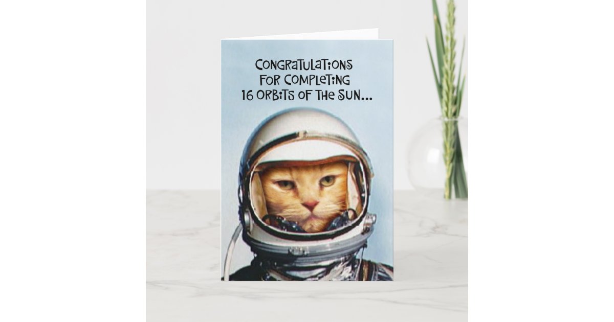 Funny 16th Birthday Space Cat Card | Zazzle