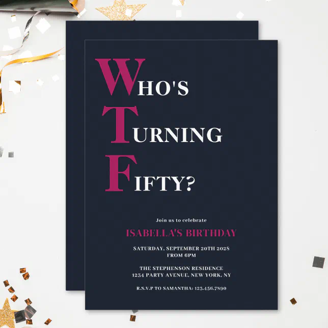 Funny 50th Birthday WTF Humorous Navy Blue Pink Invitation | Zazzle