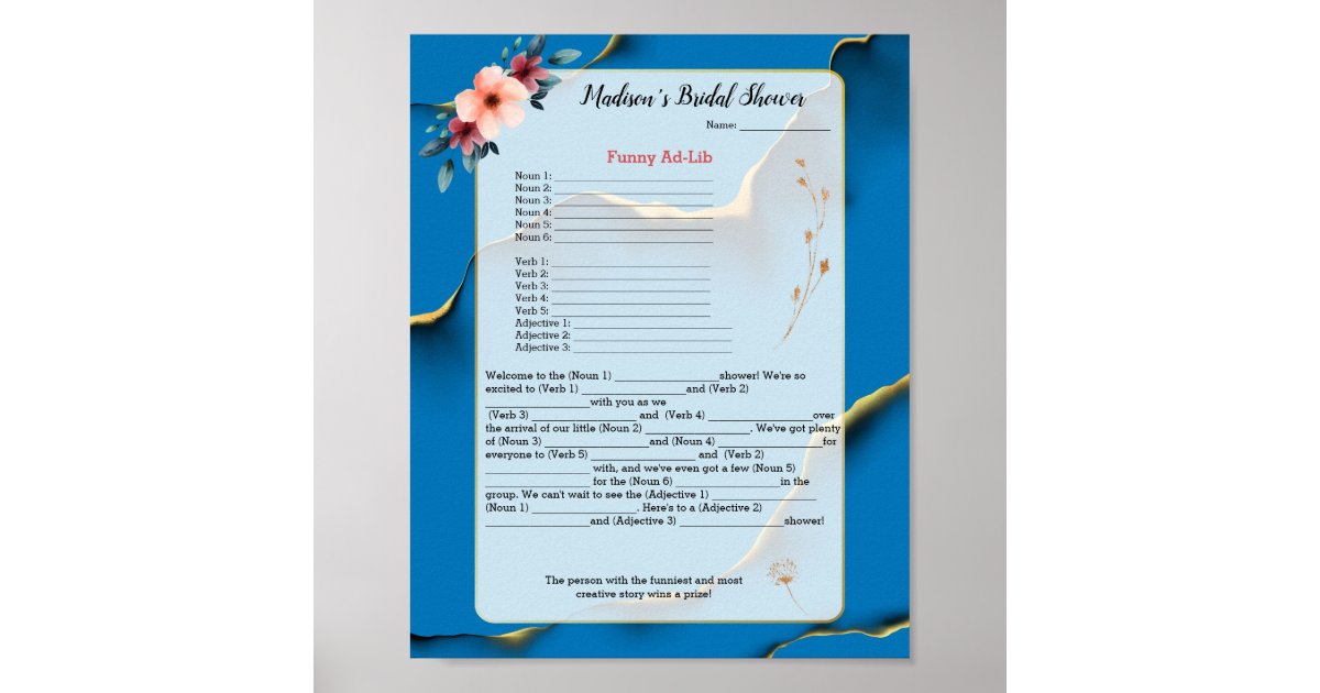 Funny Ad-Lib Game Bridal Shower Poster | Zazzle