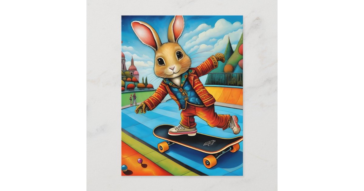 Funny Adorable Skateboarding Brown Rabbit Postcard | Zazzle