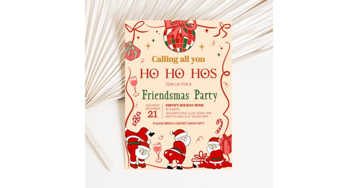 Funny Adult Santa Hos Friendsmas Christmas Party Invitation | Zazzle