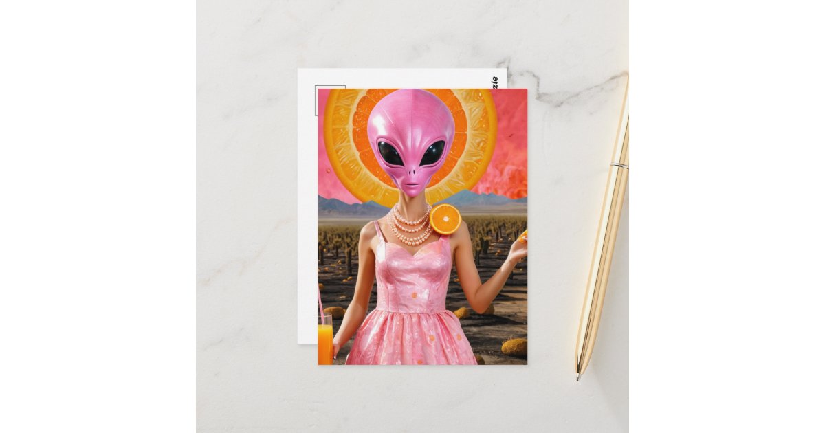 Funny Alien Lady in Pink Postcard | Zazzle