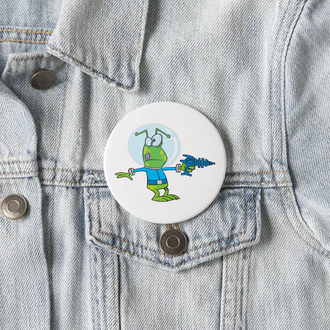 Funny Alien with Ray Gun Sci-Fi Space Invader Button | Zazzle