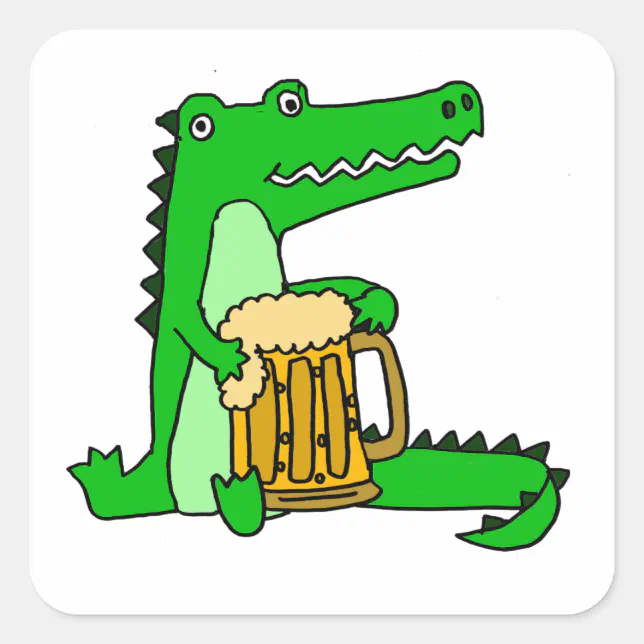 Funny Alligator Drinking Beer Cartoon Square Sticker | Zazzle