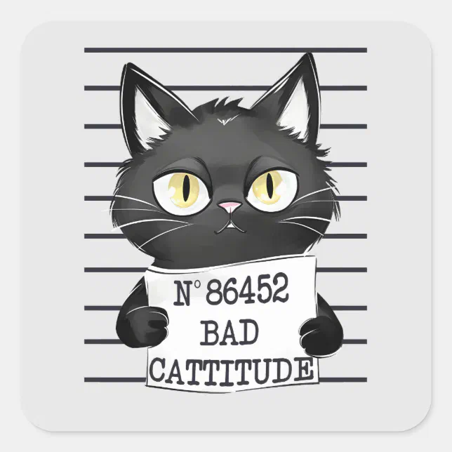 Funny and Cute Black Cat Mugshot Square Sticker | Zazzle