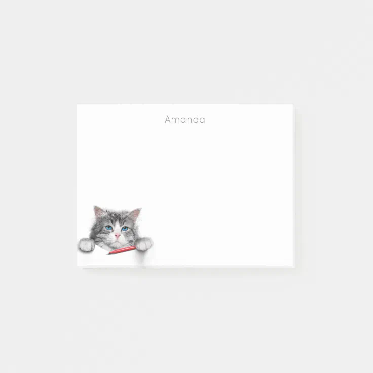 Funny and cute cat with a red pen add your name post-it notes | Zazzle