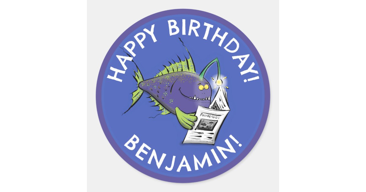 Funny angler fish cartoon personalized birthday classic round sticker ...