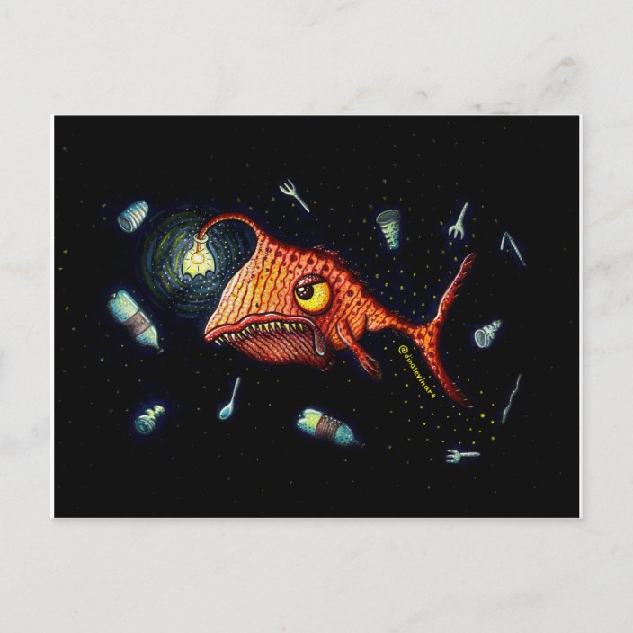 Funny Anglerfish Angry With Plastic Pollution Postcard | Zazzle.com