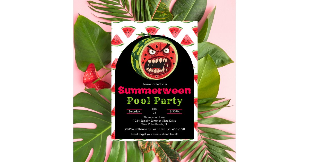 Funny Angry Watermelon Summerween Pool Party Invitation | Zazzle