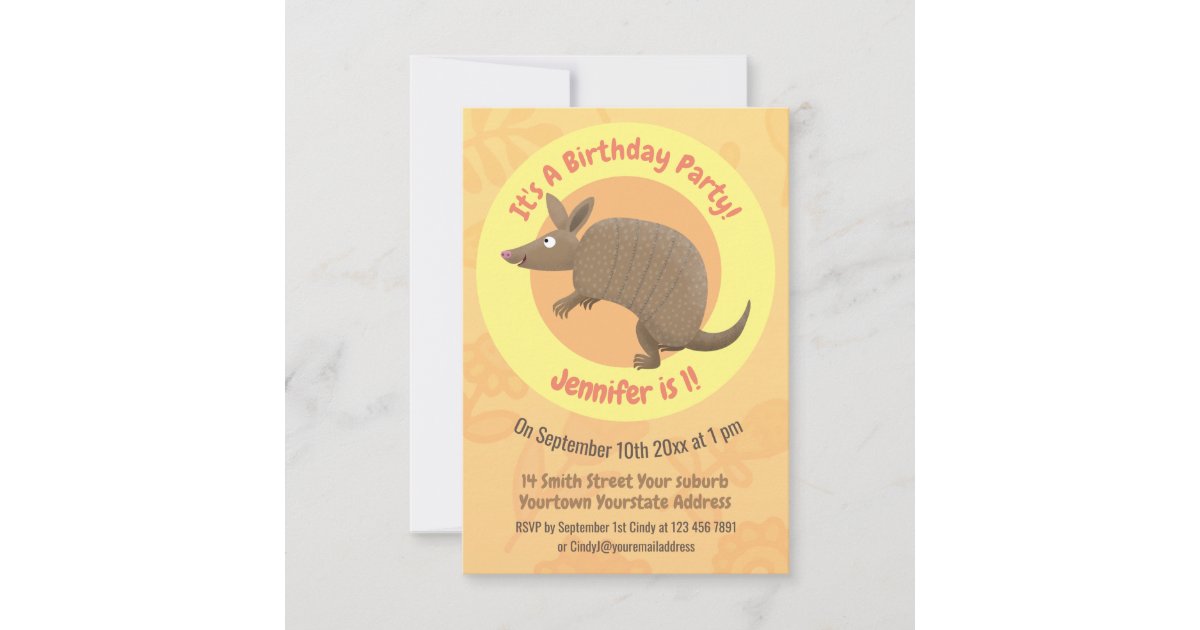 Funny armadillo happy cartoon illustration invitation | Zazzle