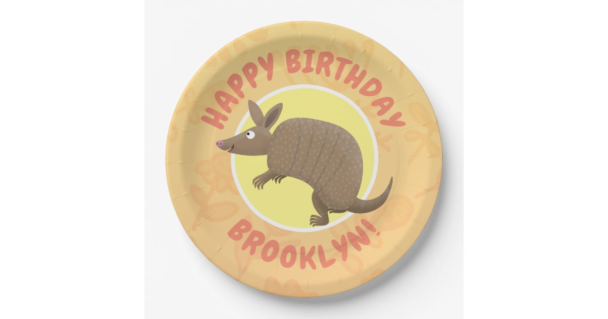 Funny armadillo personalised cartoon birthday paper plates | Zazzle
