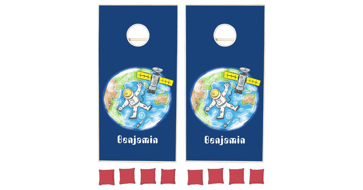 Funny astronaut in space and earth cartoon cornhole set | Zazzle