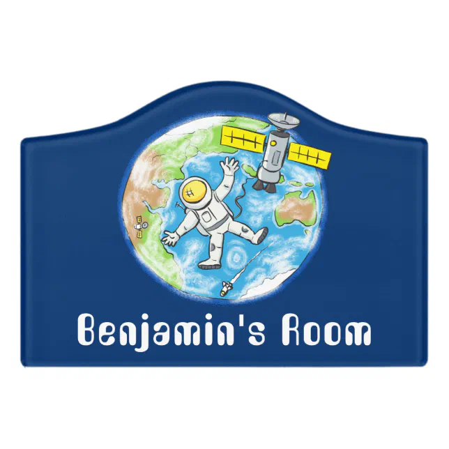Funny astronaut in space and earth cartoon door sign | Zazzle