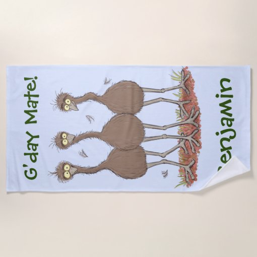 Funny Australian emu trio cartoon illustration Beach Towel | Zazzle