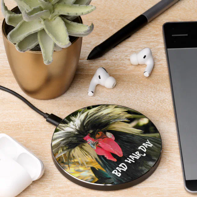Funny Bad Hair Day Chicken Meme Wireless Charger | Zazzle