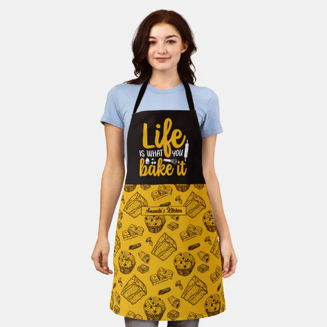 Funny Baker Life Quote Vintage Cake Muffin Pattern Apron | Zazzle