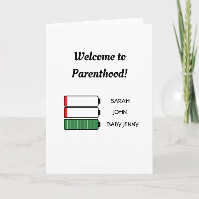 funny battery mom dad baby welcome to parenthood card | Zazzle