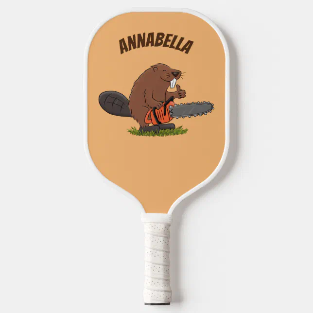 Funny beaver with chainsaw cartoon humor pickleball paddle | Zazzle