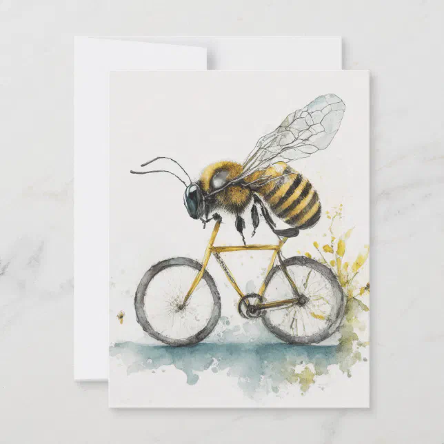 Funny bee riding a bicycle watercolor drawing, bee thank you card | Zazzle