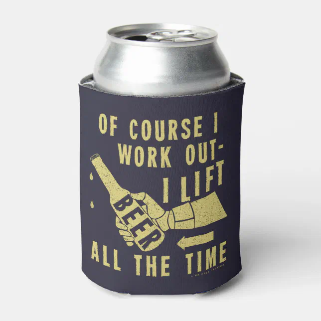 Funny Beer Work Out Humor on Blue Can Cooler | Zazzle