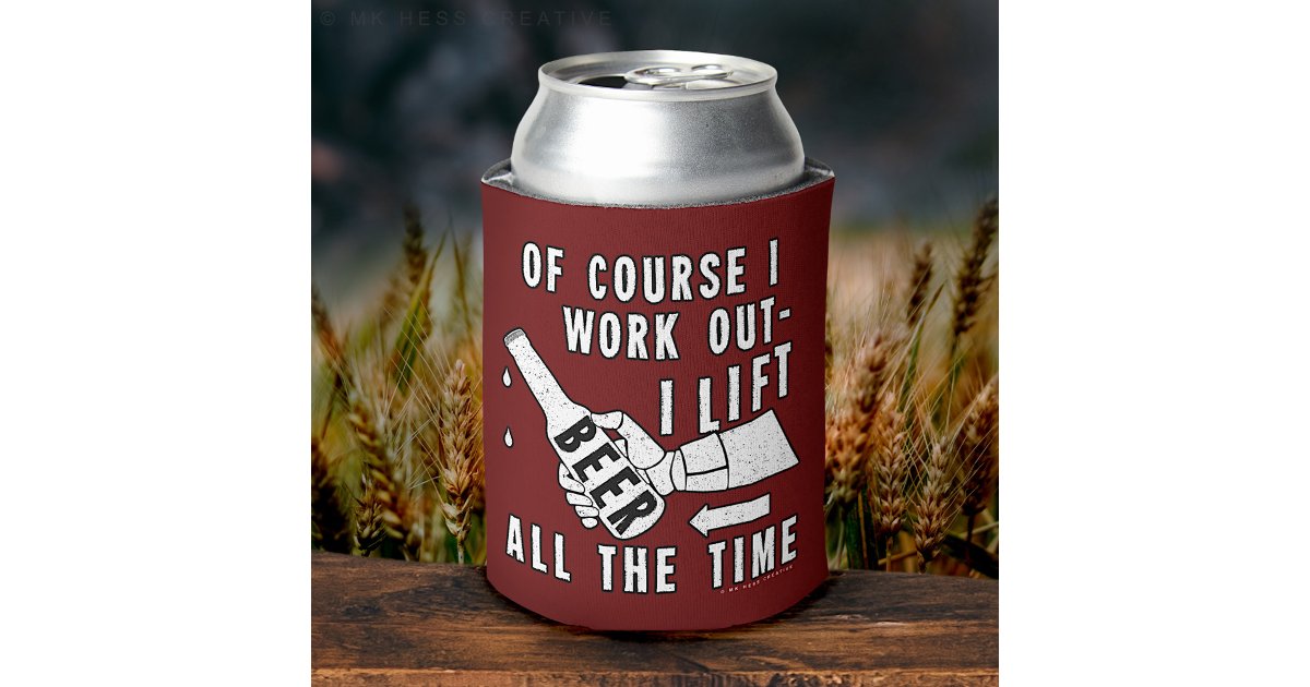 Funny Beer Work Out Humor on Red Can Cooler | Zazzle