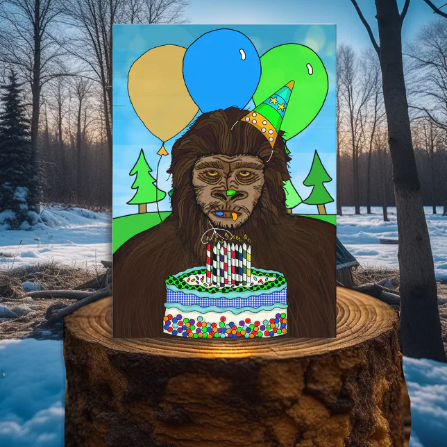 Funny Bigfoot eating Birthday Cake Card | Zazzle